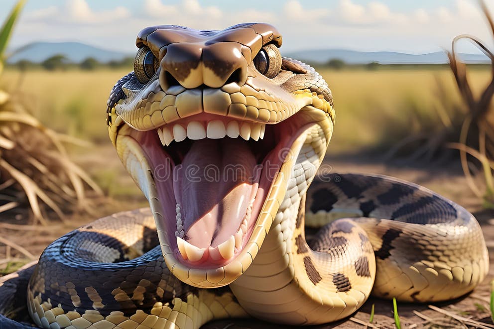 Cartoon of a Very Large Toothy Smiling Python with a Wide Smile. Python Looks at the Camera with ...