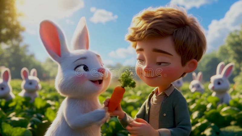 Cartoon Video, a Boy and a Rabbit with a Carrot. Rabbit Farm Stock ...