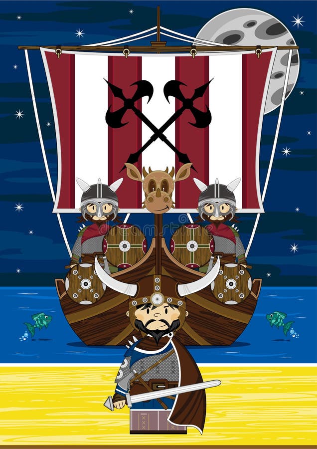 Cartoon Vikings and Longship Stock Vector - Illustration of sails ...