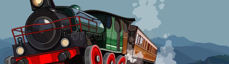 Cartoon Vintage Steam Train Rides on a Background of Mountains Stock ...