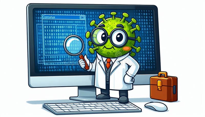 Cartoon Virus Character with Computer Background Stock Illustration ...