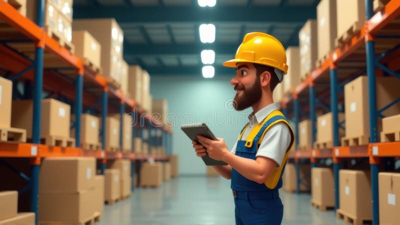 Cartoon Warehouse Worker Using Tablet in Inventory Management Stock ...