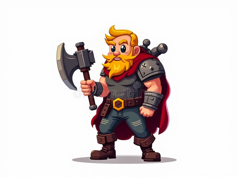 A Cartoon Warrior Stands Confidently with a Large Axe in Hand, Dressed ...