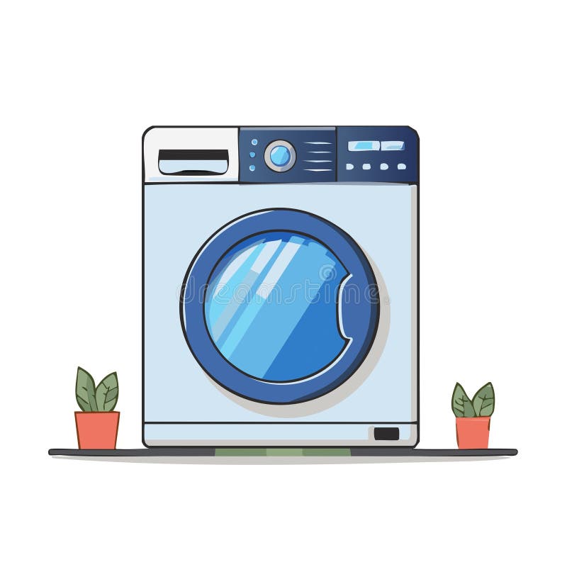 Cartoon Washing Machine Front Loader with Plants on a Shelf for ...