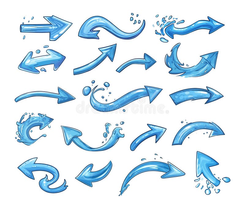 Cartoon Water Arrows. Aqua Liquid Stream Pointers Direction Cursors ...