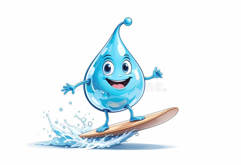 Cartoon Water Drop Surfing on a Wave Stock Illustration - Illustration ...