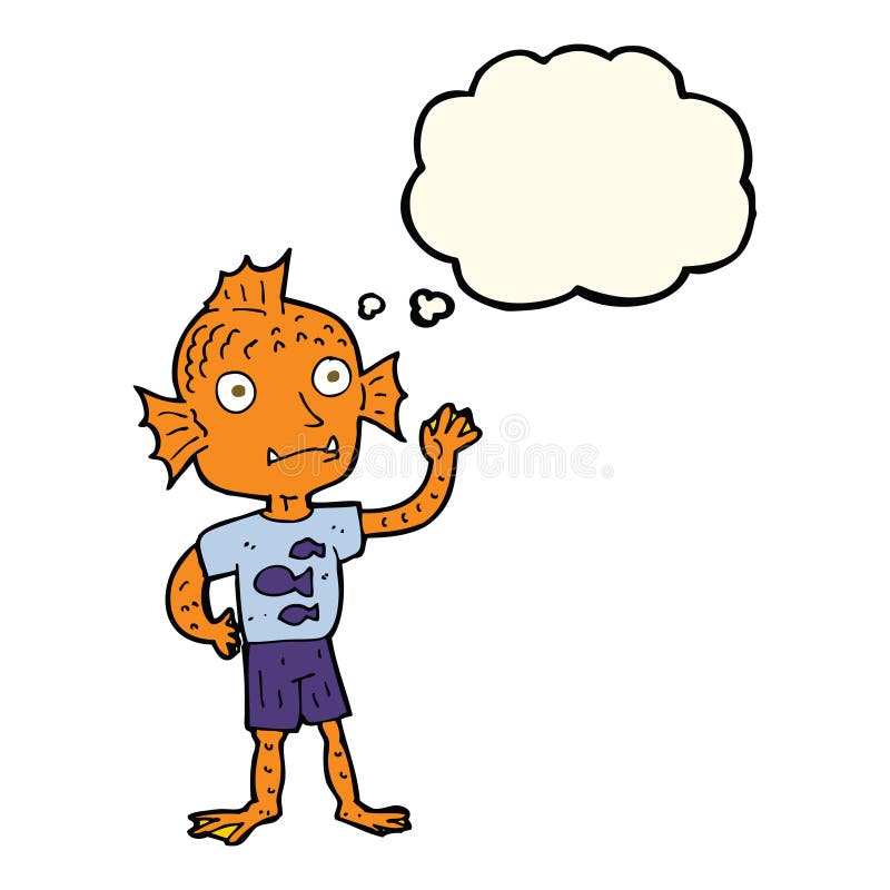 Cartoon Waving Fish Boy with Thought Bubble Stock Illustration ...