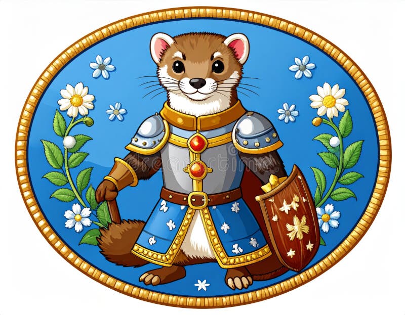 Cartoon Weasel Knight in Armor with Shield Framed by Daisies on a Blue Oval Background Stock ...