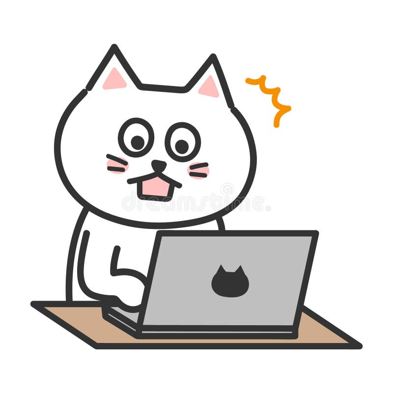 Cartoon White Cat Being Shocked while Using a Computer Stock Vector ...