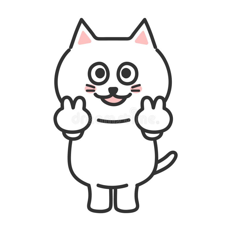 Cartoon White Cat Gives the Peace Sign on Both Hands, Vector ...