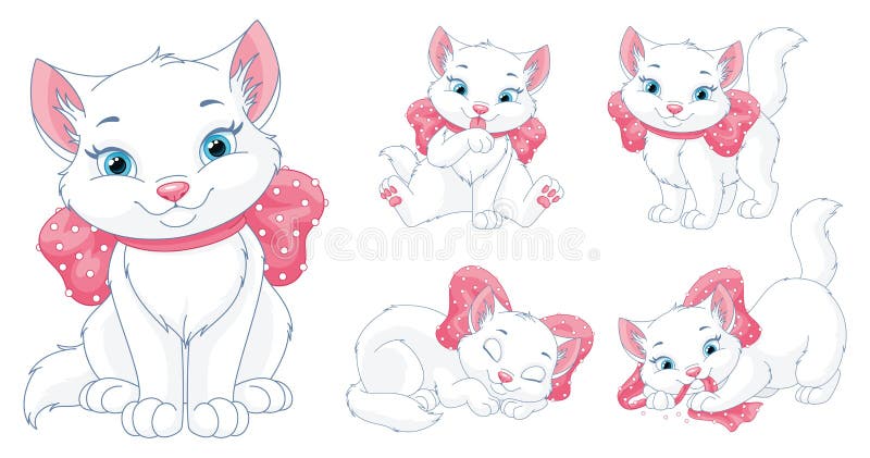Set Cartoon White Cat with Pink Bow Stock Vector - Illustration of ...