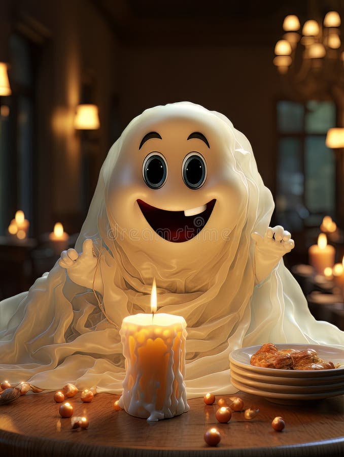 Cartoon White Ghost Eats Dinner by Candlelight, AI Stock Illustration ...
