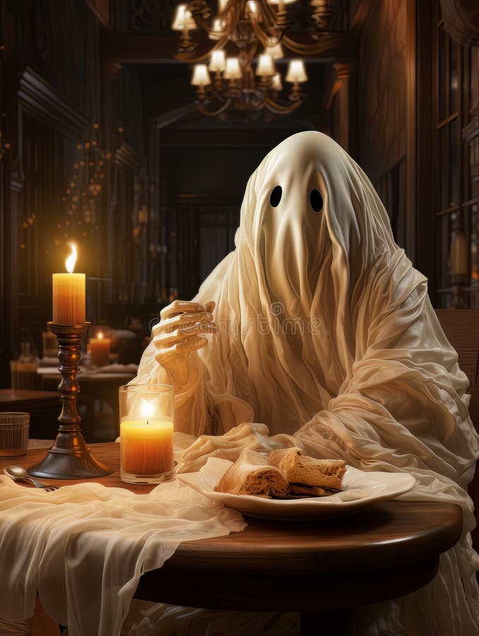 Cartoon White Ghost Eats Dinner by Candlelight, AI Stock Illustration ...
