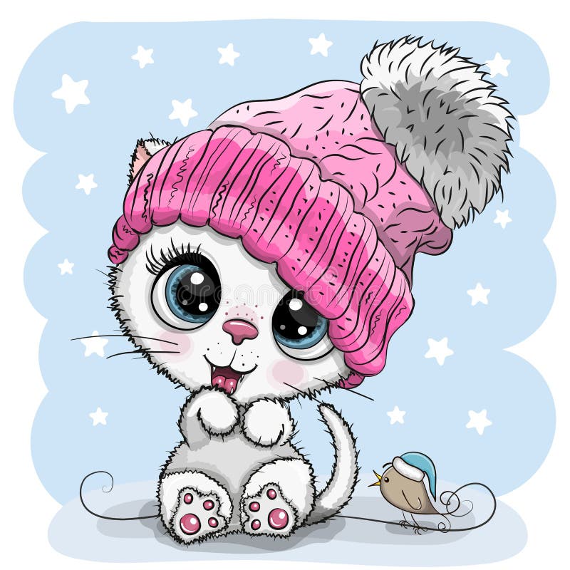 Cartoon White Kitten in a Knit Cap and a Bird Stock Vector ...