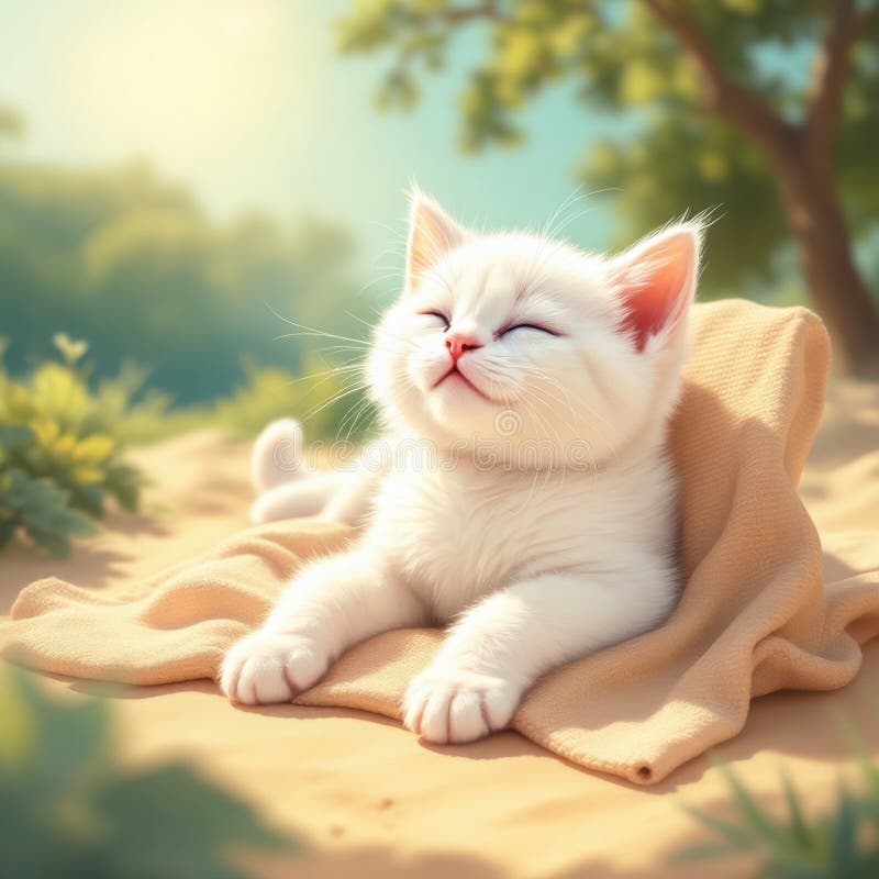 Cartoon of a White Kitten in the Sun Stock Illustration - Illustration ...