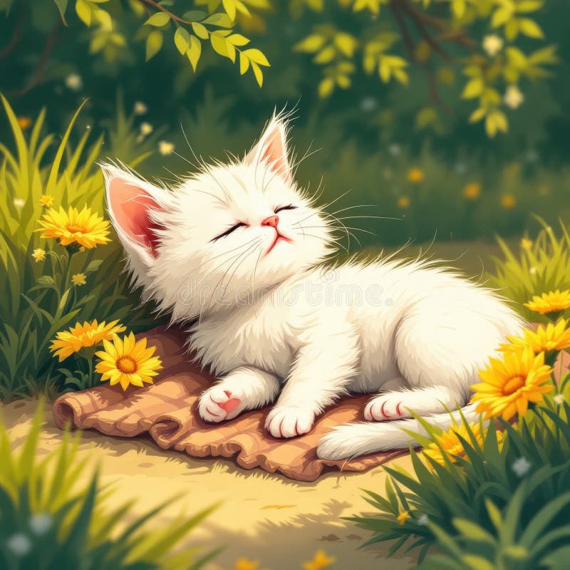 Cartoon of a White Kitten in the Sun Stock Illustration - Illustration ...