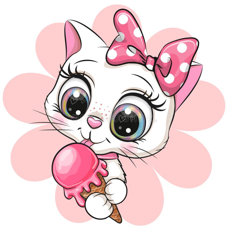 Cartoon White Kitty with Ice Cream and Pink Bow Stock Illustration ...