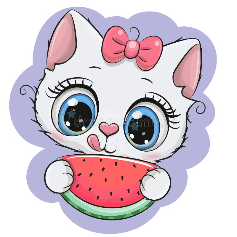Cartoon White Kitty with Watermelon and Pink Bow Stock Vector ...