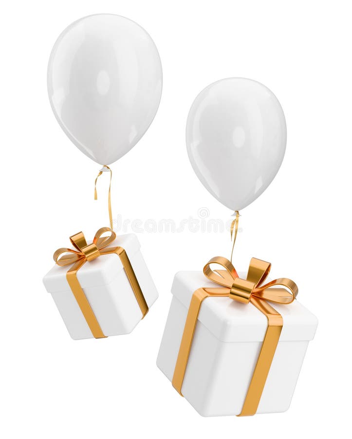 Cartoon White Present Boxes with Air Balloons. 3D Rendered Set. Stock ...