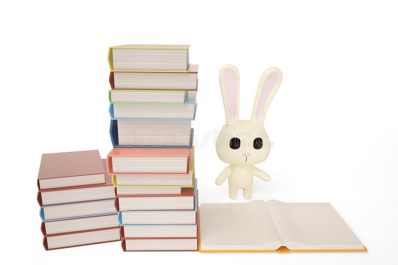 Cartoon White Rabbit with Books,3D Illustration. Stock Illustration ...