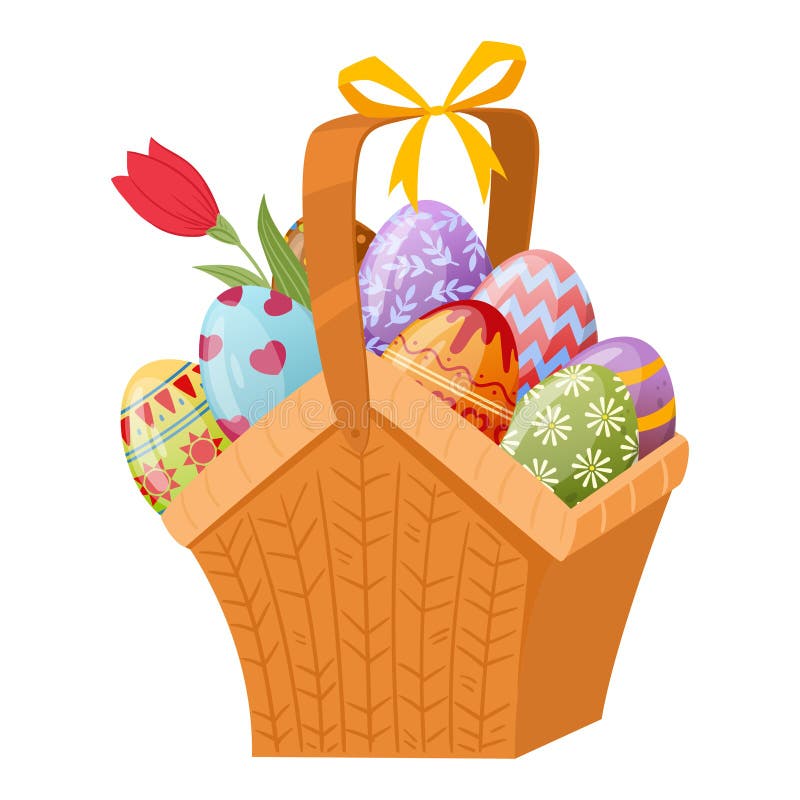 Cartoon Wicker Basket Full of Easter Eggs. Painted Easter Eggs in ...