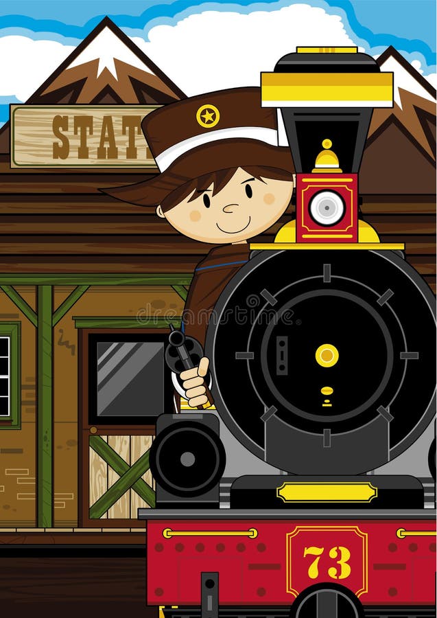 Cartoon Wild West Cowboy & Train Stock Vector - Illustration of pistol ...