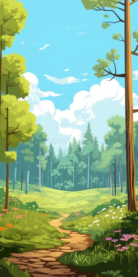 Cartoon Wilderness of Pine Trees with Flower Path in the Forest Stock ...