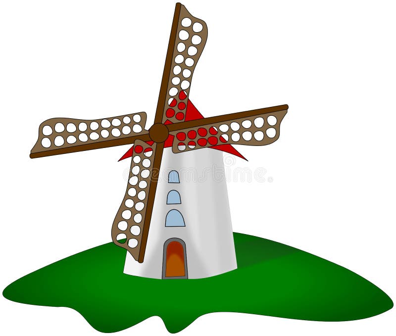 Cartoon Windmill at Green Grass Isolated on White Stock Illustration ...
