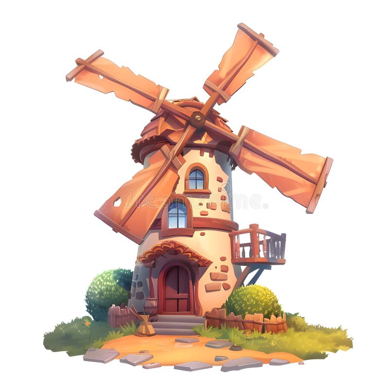 Cartoon Windmill with Trees and Flowers on Transparent Background Stock Illustration ...