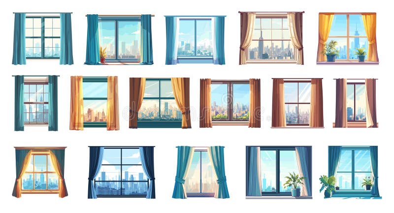 Cartoon Windows with Curtains Set. Home Decorative Interior Element ...