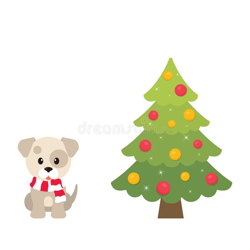 Cartoon Winter Dog with Fir Tree Stock Vector - Illustration of snowy ...