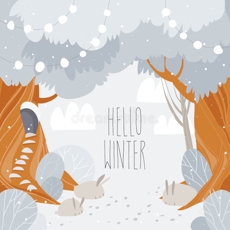 Cartoon Winter Forest with Big Trees and Cute Rabbits Stock Vector ...