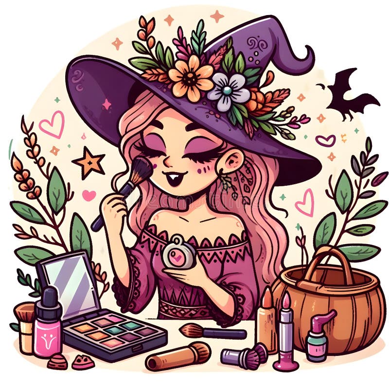 Cartoon witch doing makeup stock illustration. Illustration of nursery ...