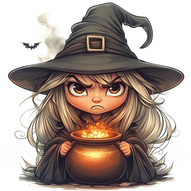 Cartoon Witch with Exaggerated Frown, Holding Bubbling Cauldron Stock ...