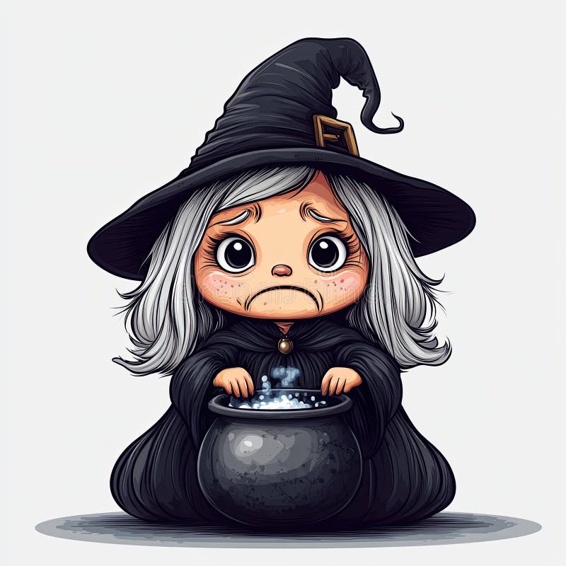 Cartoon Witch with Frown, Stirring Cauldron in Black Robe Stock ...