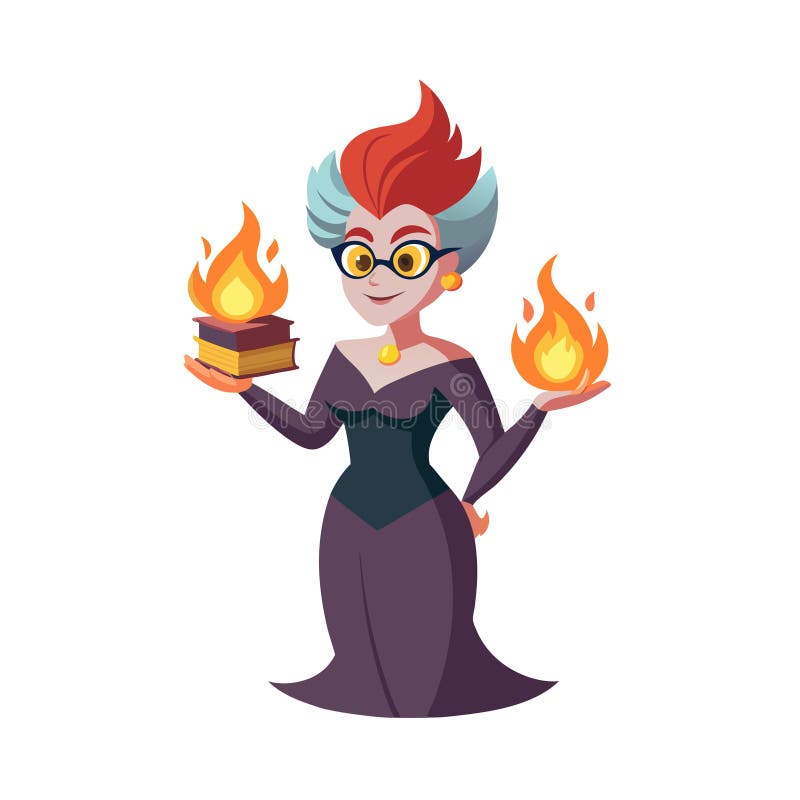 Cartoon Witch Holding Books and Fireballs Isolated on White Background ...