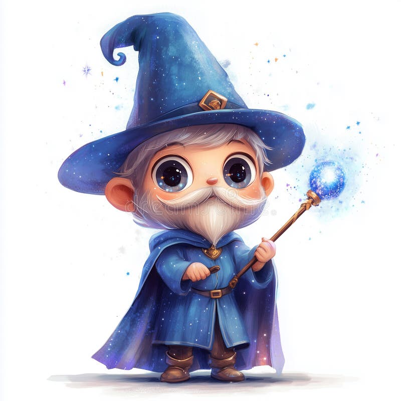 Cartoon Wizard with a Blue Hat and Magic Staff Casting a Blue Spell ...