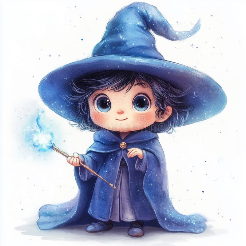 Cartoon Wizard Casting a Spell with a Wand Wearing a Blue Hat and Robe ...