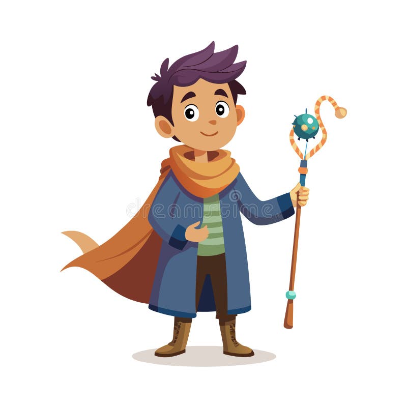 Cartoon Wizard Boy with Staff and Cape Isolated on White Background ...