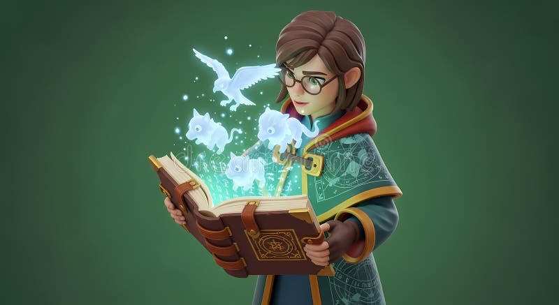 Cartoon Wizard Casting Spell from Book with Animals Stock Illustration ...