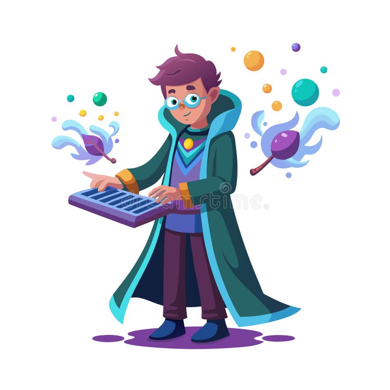 Cartoon Wizard Casting Spells with Magical Tablet in Colorful ...