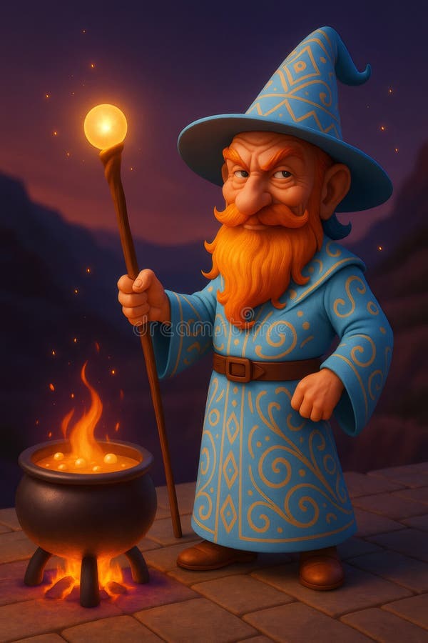 Powerful Wizard Preparing Magic Potion with Glowing Staff at Night ...