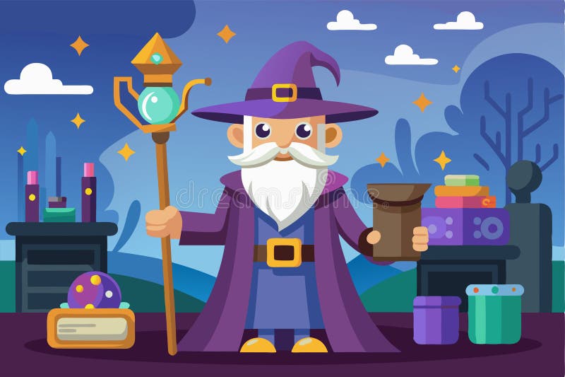 A Cartoon Wizard Holds a Staff and Bag, Surrounded by Colorful Magical ...