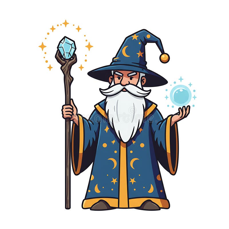 A Cartoon Wizard with a Long White Beard and Bushy Eyebrows Wears a ...
