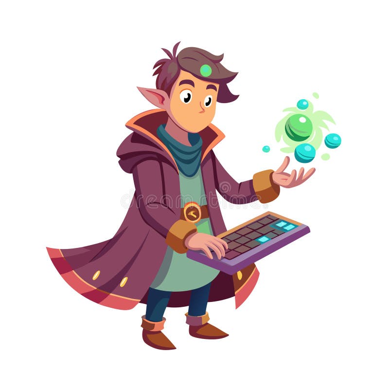 Cartoon Wizard with Magic Tablet and Orbs, Isolated on White Background ...