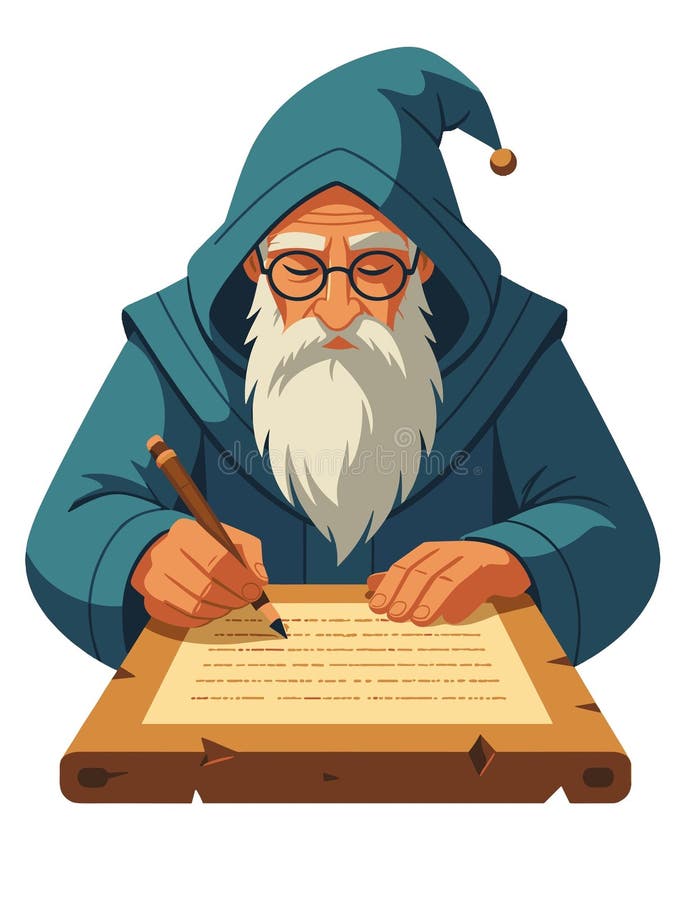 Cartoon Wizard Old Man Writing Scroll Magic Fantasy Character Stock ...