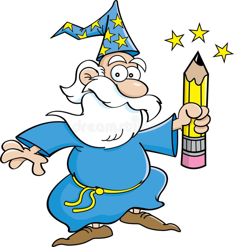 Cartoon Wizard with a Pencil Stock Vector - Illustration of heads, hats ...
