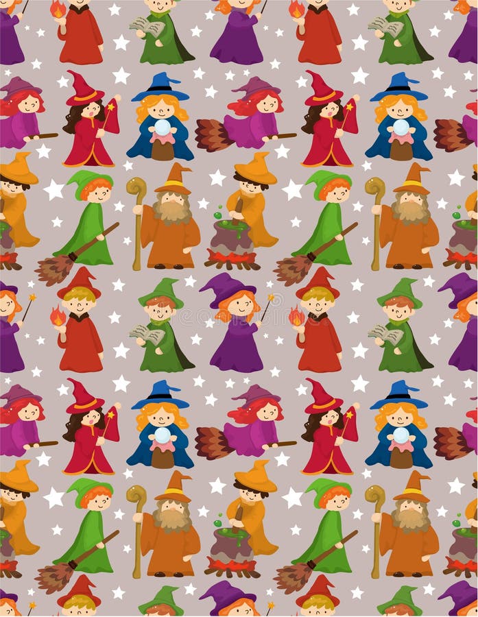 Cartoon Wizard And Witch Magic Seamless Pattern Stock Vector ...