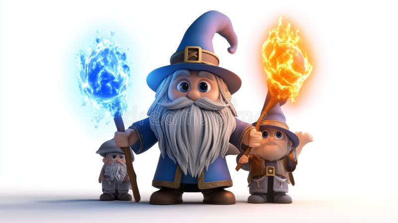 Cartoon Wizards with Magic Staffs and Fire and Ice Elements Stock ...