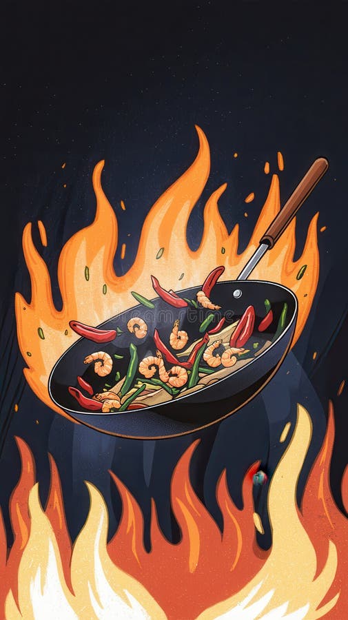 Cartoon of a Wok with Shrimp and Peppers in it Stock Illustration ...